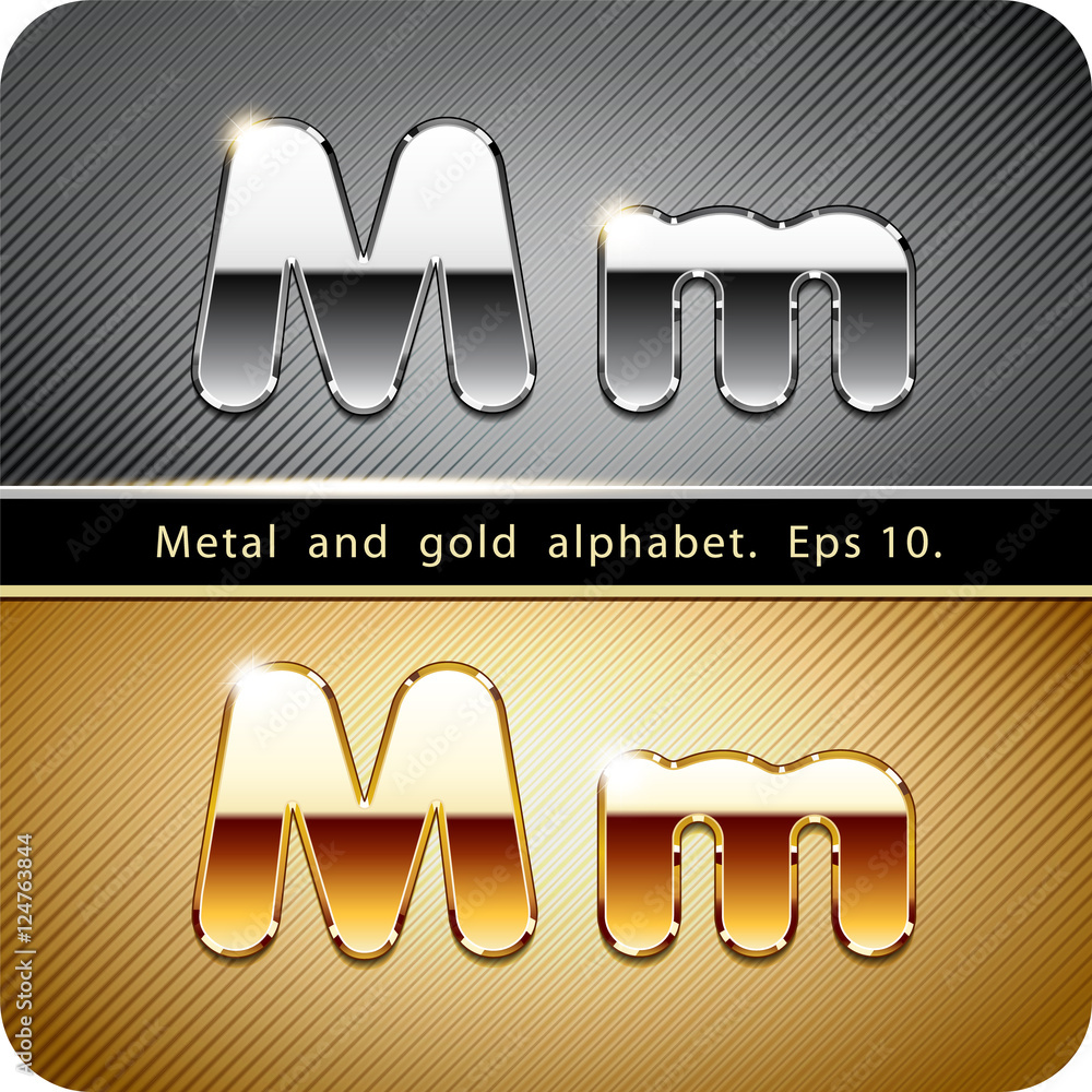3d Joyful set of chrome metal and gold vector alphabet. The letter "M ...