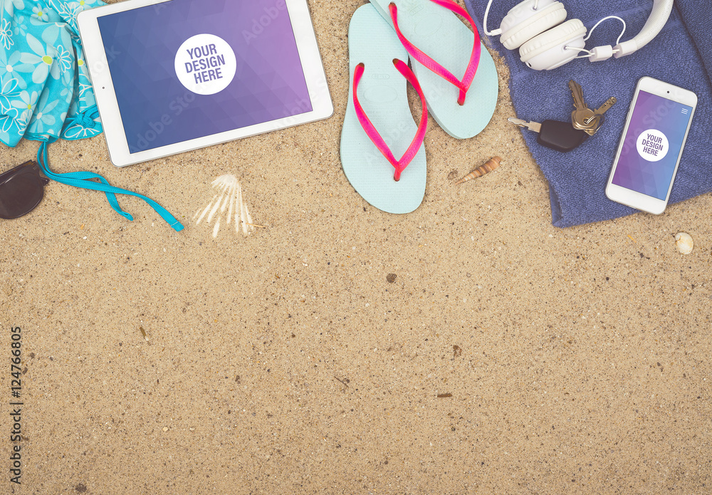 Tablet and Smartphone on the Beach Mockup Stock Template | Adobe Stock