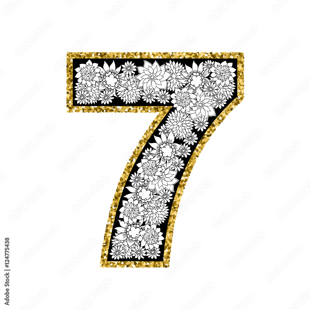 Hand drawn alphabet design. Digit 7. Gold glittering contour. Stipple ...
