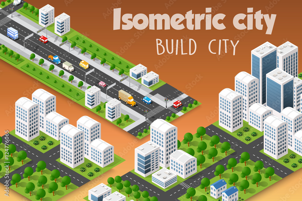 Isometric set of the modern 3D city. Landscape trees, streets. Three ...