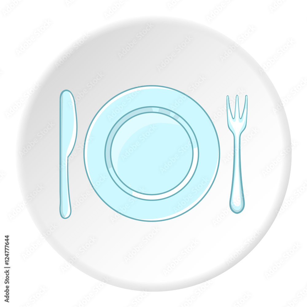 Plate with spoon and fork icon. Cartoon illustration of plate with ...