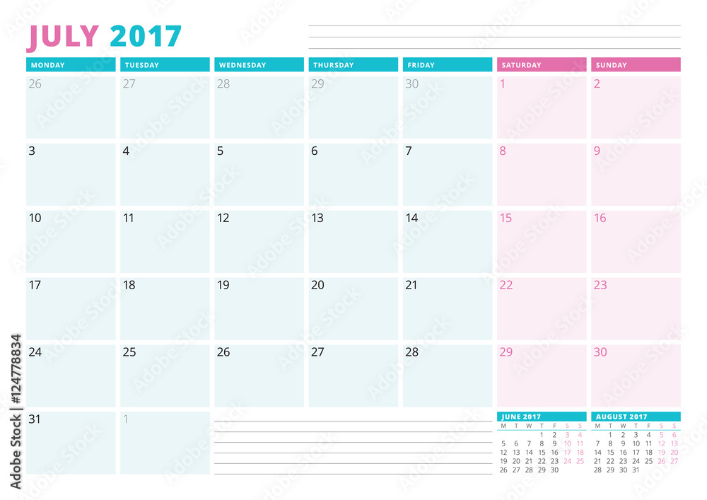 Calendar Planner Template for 2017 Year. July. Business Planner ...