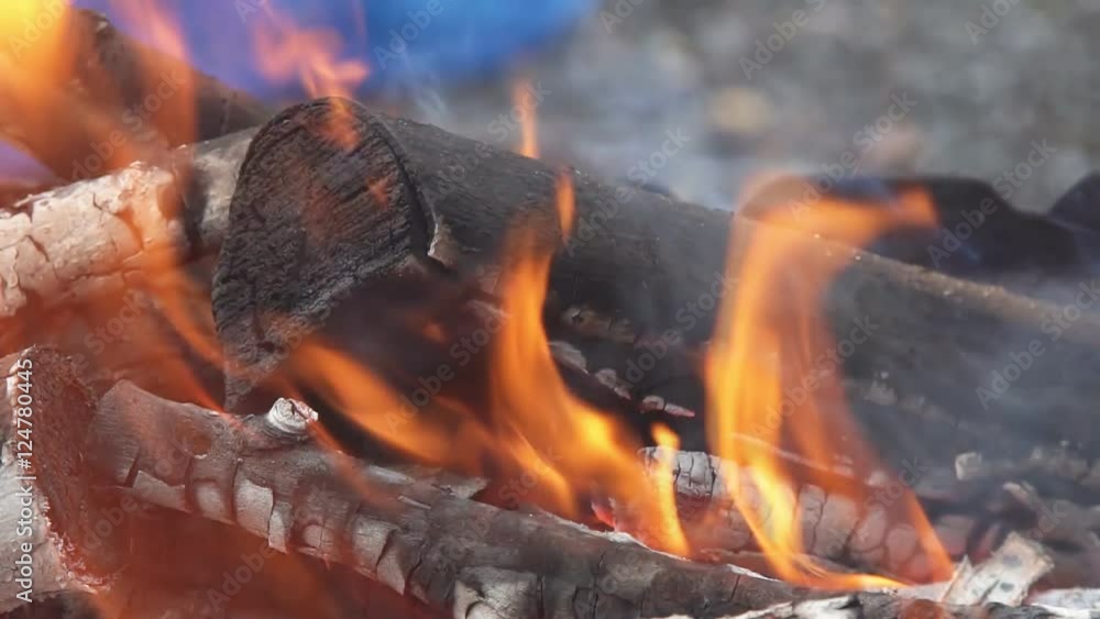SLOW MOTION: Close up details of a campfire fire flames burning in ...