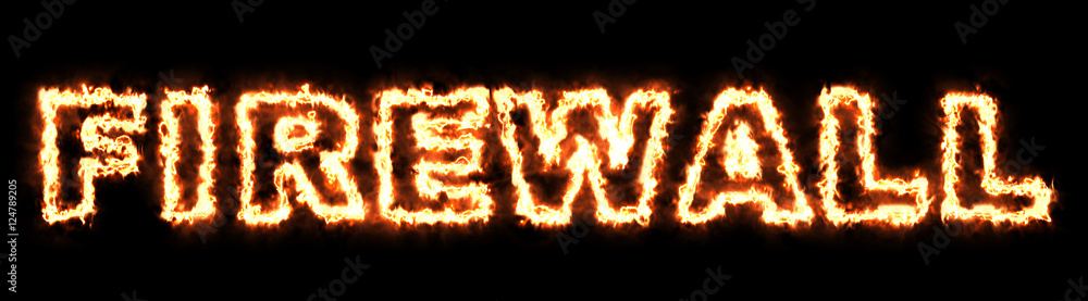 Firewall text from burning letters in hot fire on black background ...