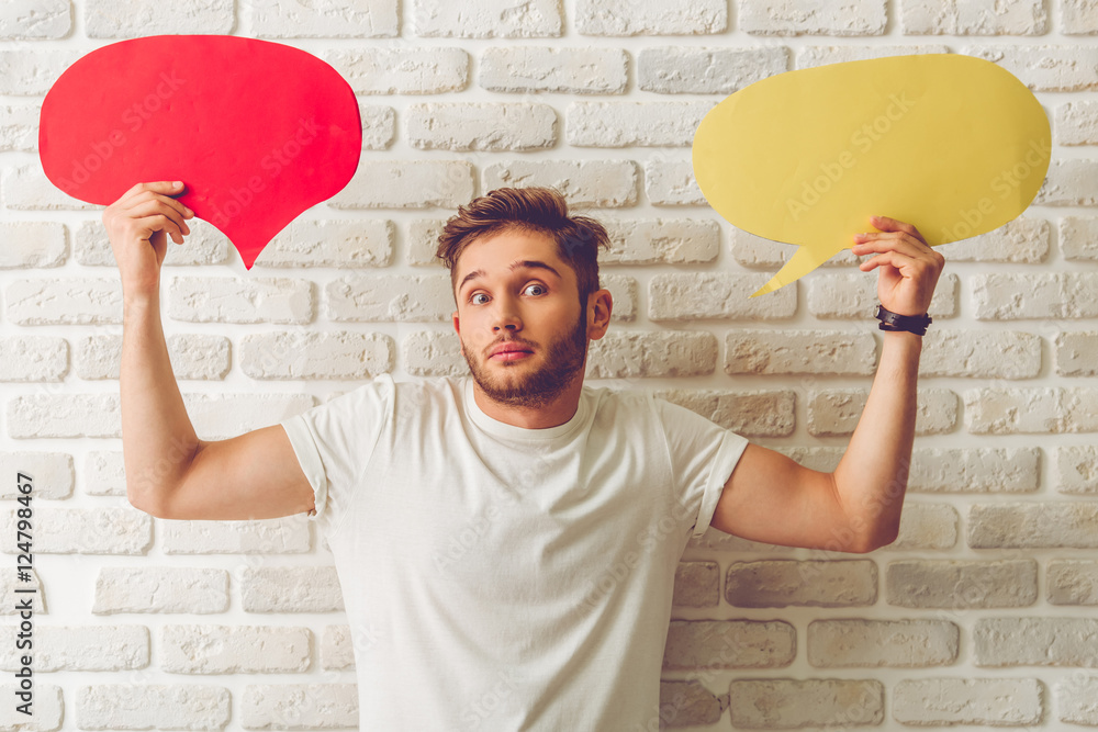 Guy with speech bubble Stock Photo | Adobe Stock