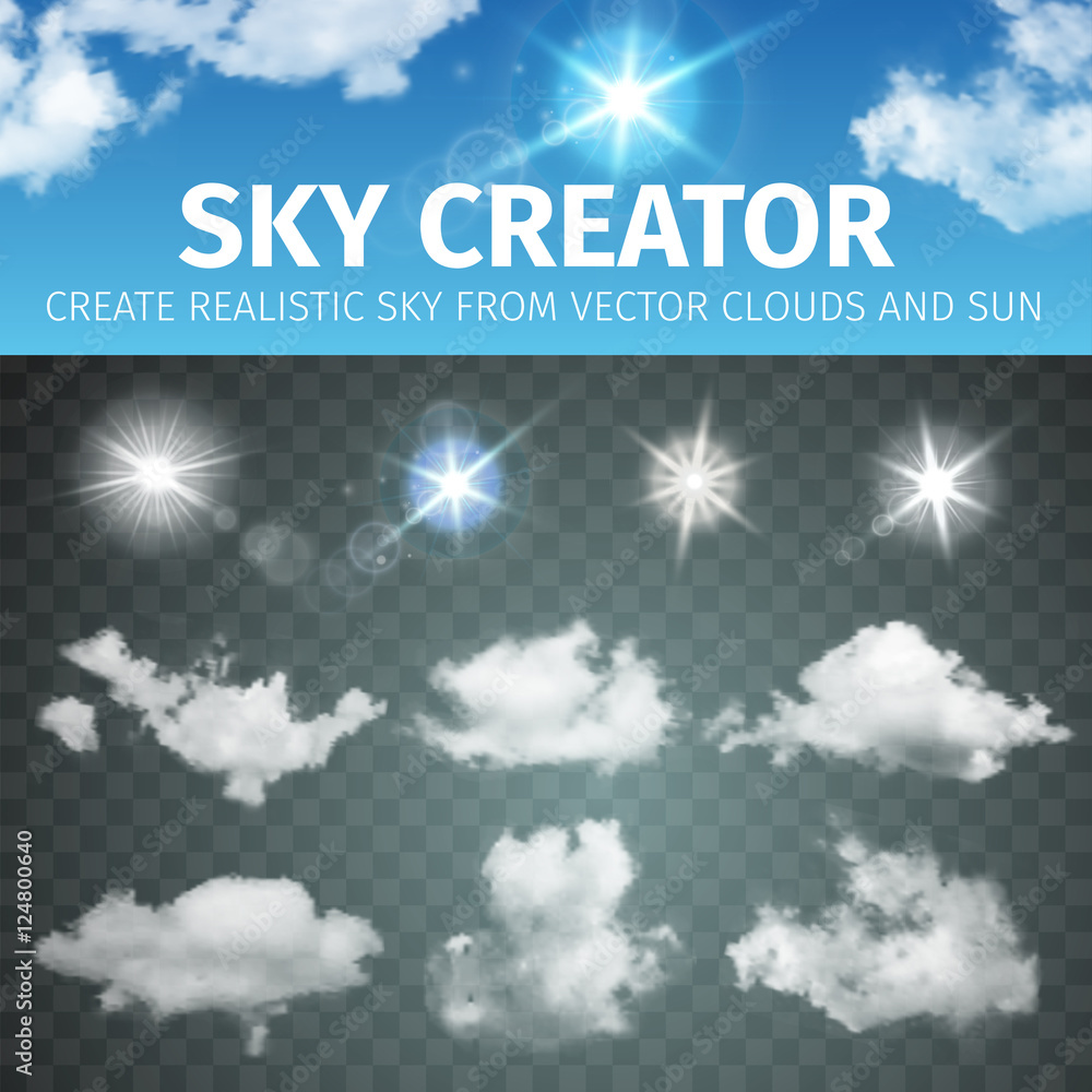 Sky creator. Set realistic clouds and sun. Vector illustration EPS 10 ...