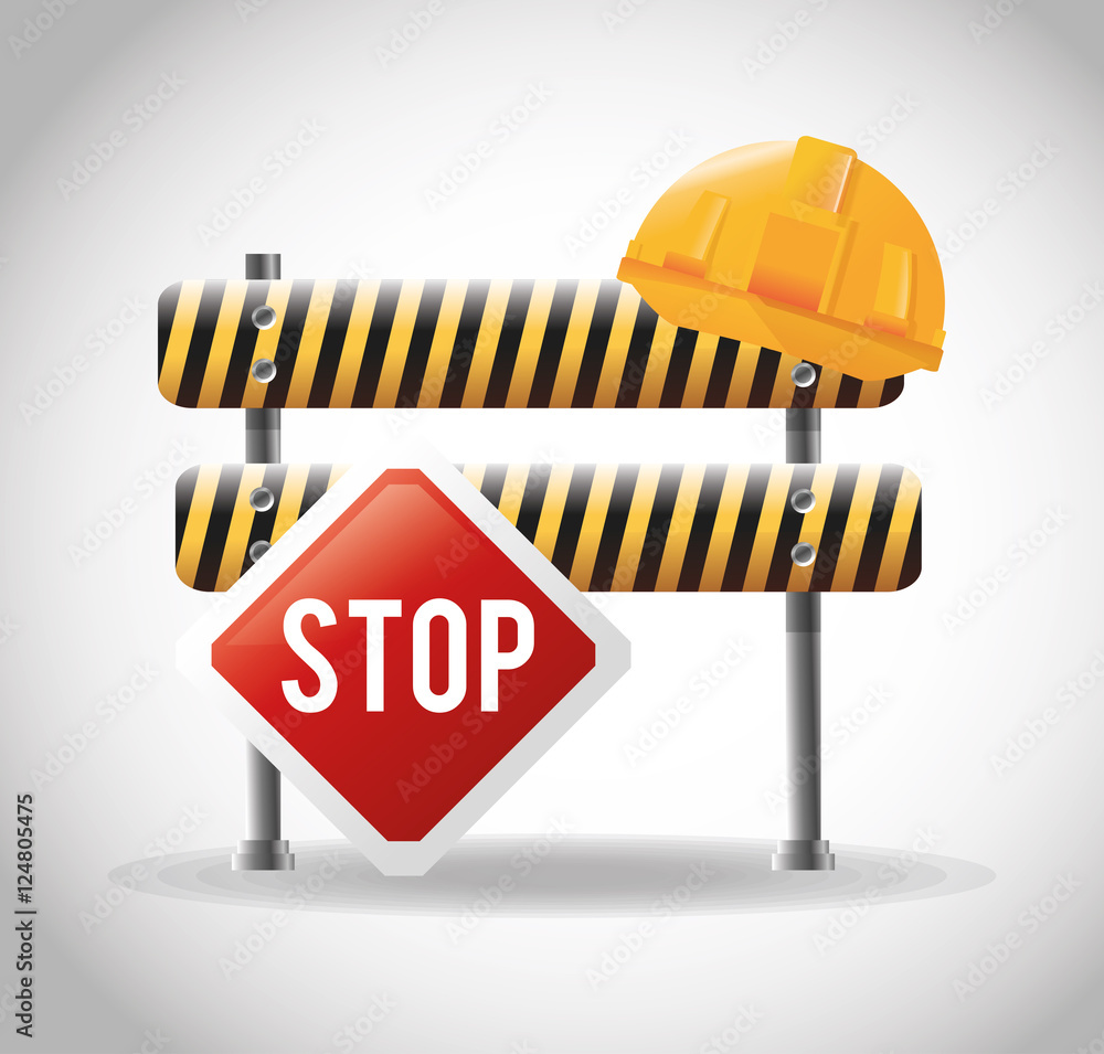 Barrier helmet and stop road sign icon. Under construction work and ...