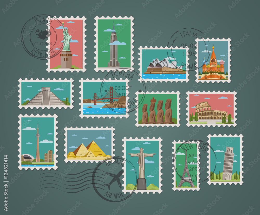 Postage stamps and postmarks with famous architectural compositions ...