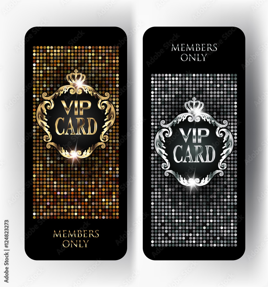 VIP gold and silver cards with disco background, vintage frame and ...