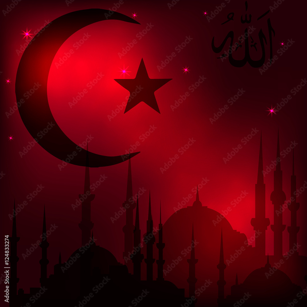 Islamic background with a mosque, a religious sign and calligraphic ...