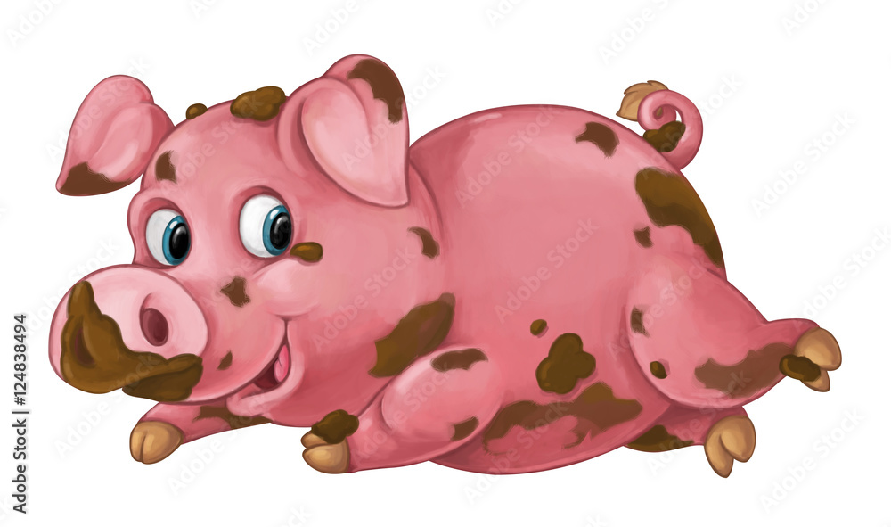 Cartoon happy pig is playing in mud - looking and smiling - artistic ...