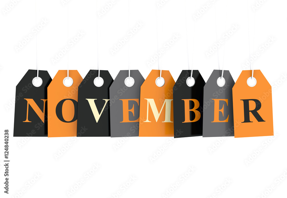 November tag on colored hanging labels isolated on white background ...