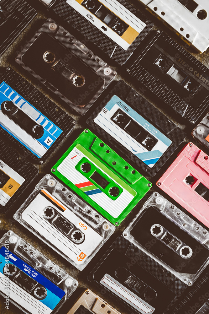 Collection of retro cassette tapes places in diagonal angle. Vintage ...