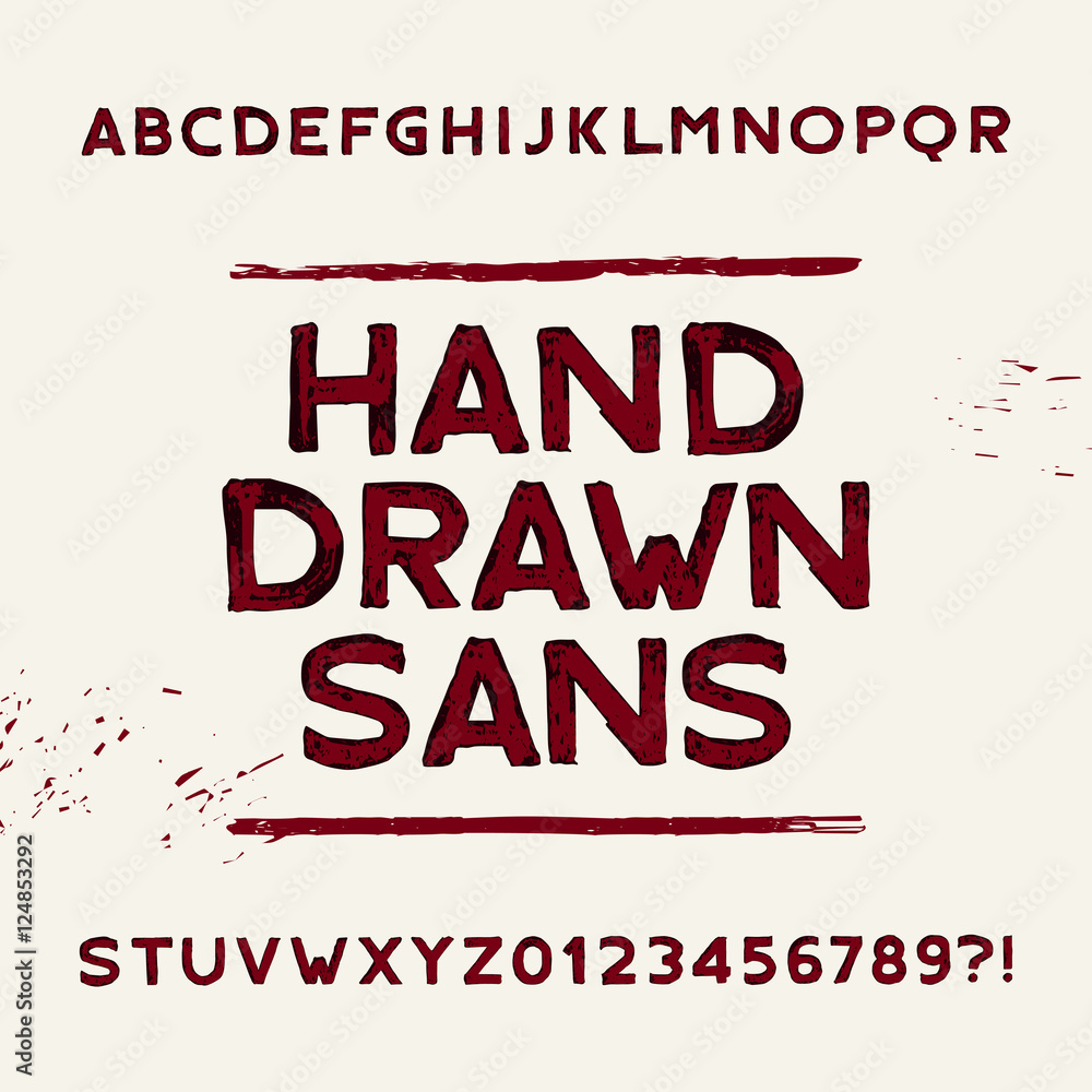 Hand drawn alphabet font. Dirty sans serif letters and numbers. Vector ...