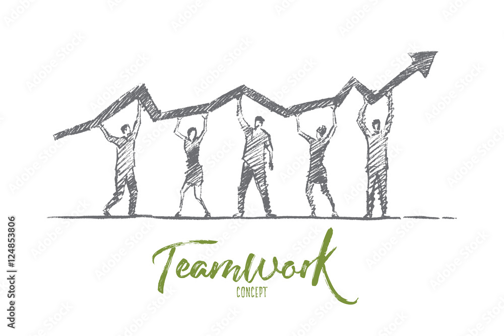 Vector hand drawn teamwork concept sketch. Team of five people standing ...