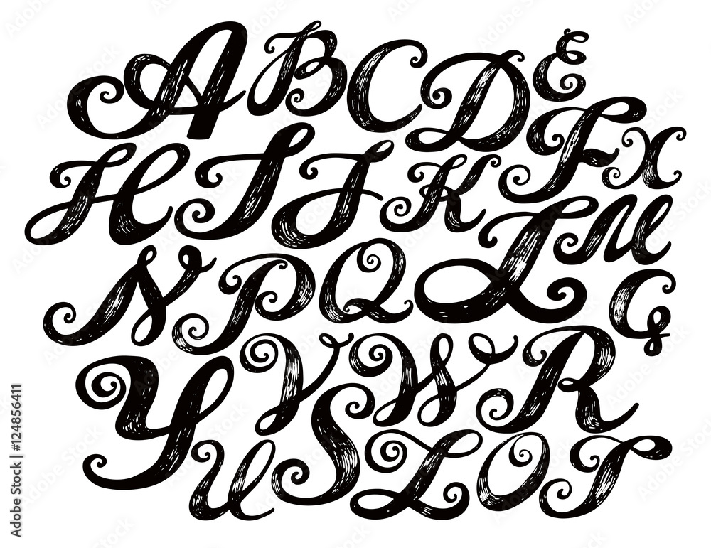 Calligraphy alphabet typeset lettering. Hand drawn alphabet. Capital ...