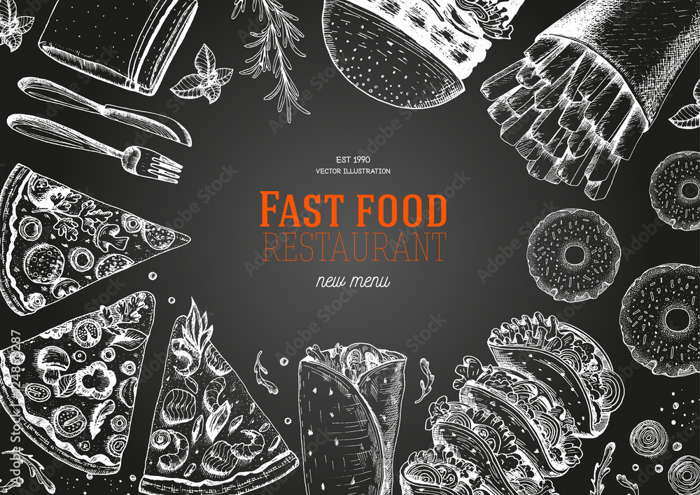 Fast food top view frame. Fast food banner, snack collection. Vintage ...