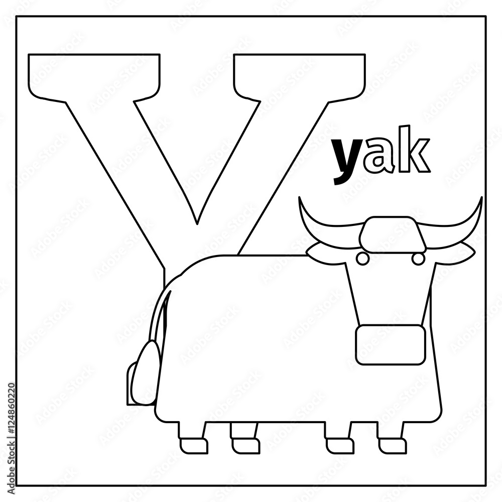Coloring page or card for kids with English animals zoo alphabet. Yak ...