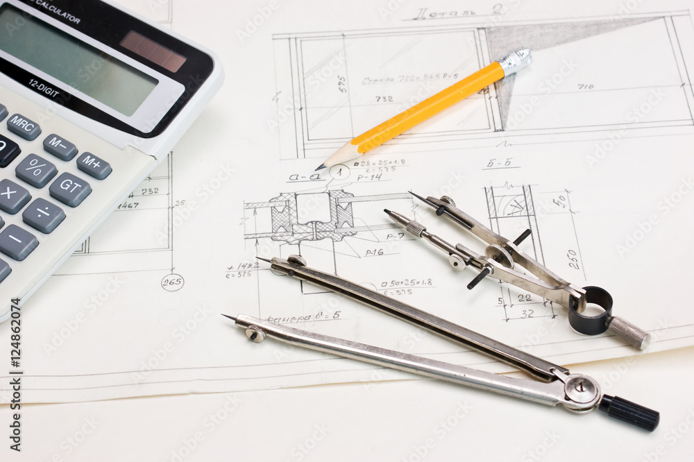technical drawings and calculator Stock Photo | Adobe Stock