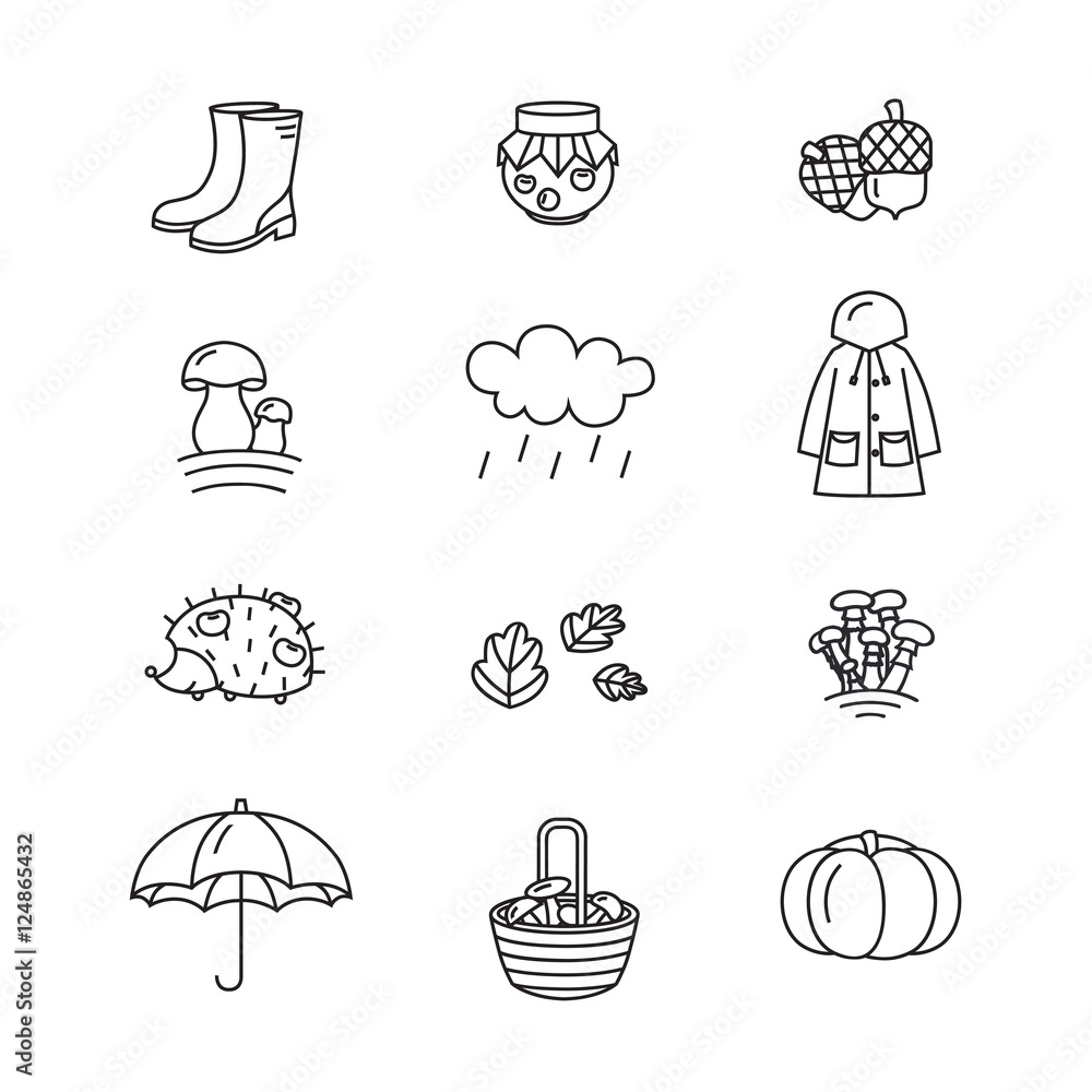 Big collection of linear icons with different autumn and fall symbols ...