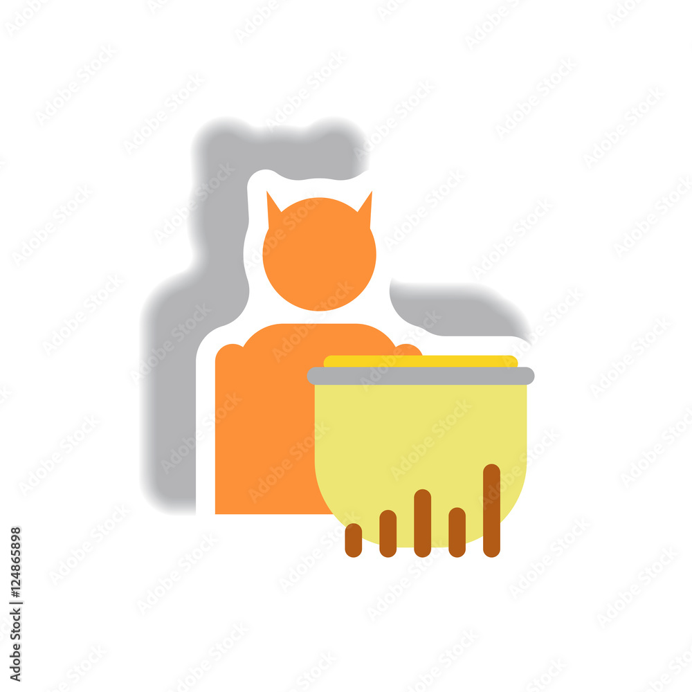 Vector illustration paper sticker Halloween icon Devil and magic kettle ...