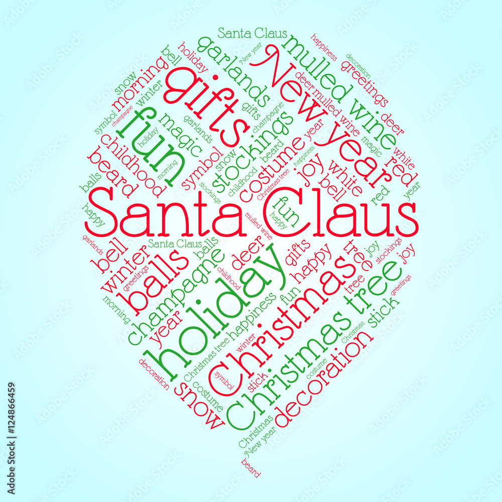 Vecteur Stock Santa Claus word cloud in shape of balloon on blue ...