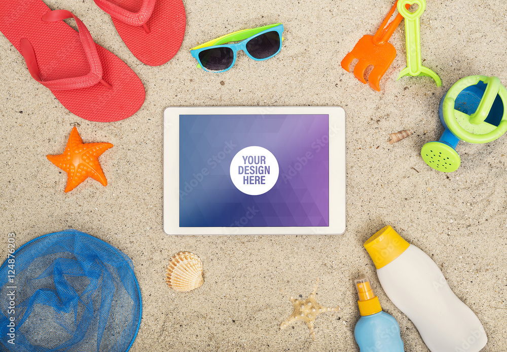 Tablet on the Beach Mockup Stock Template | Adobe Stock