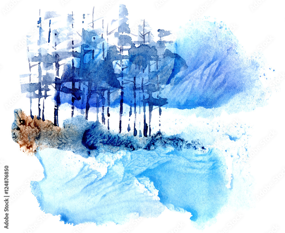 Abstract winter landscape with pine trees,lake and mountains.Watercolor ...