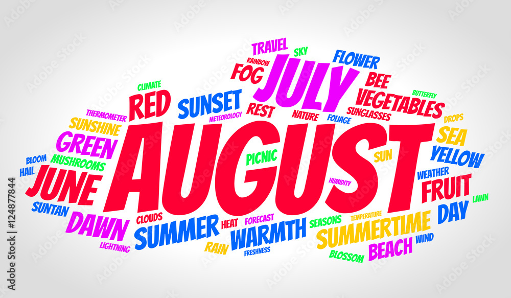 August word cloud on gradient gray background. Seasons concept. Vector ...