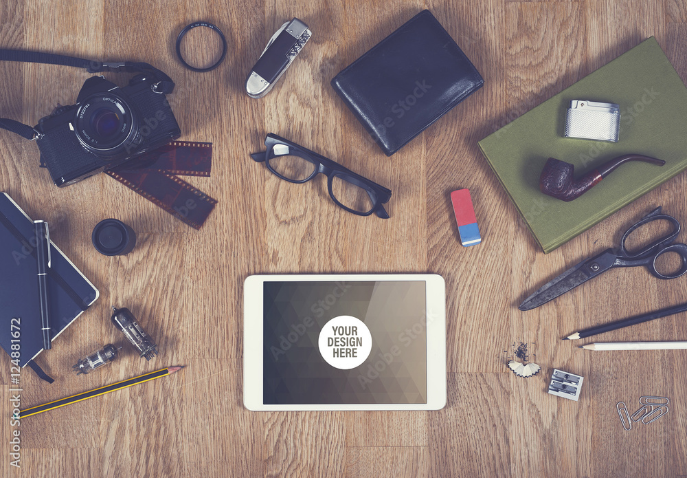 Tablet with Scattered Objects on Wooden Background Mockup 1 Stock ...