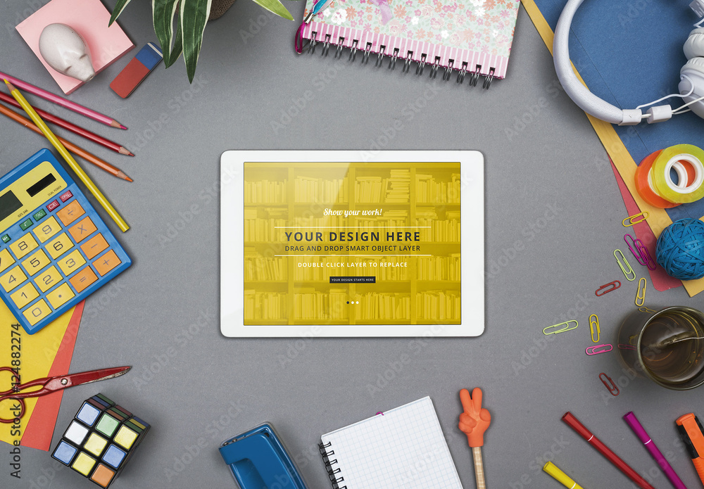 Tablet with Scattered School Supplies Mockup Stock Template | Adobe Stock