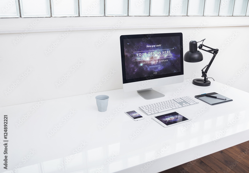 Desktop Computer at an Office Desk Mockup 4 Stock Template | Adobe Stock