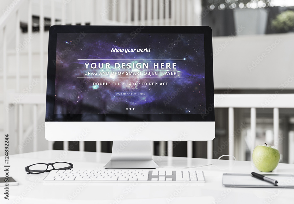 Desktop Computer at an Office Desk Mockup 3 Stock Template | Adobe Stock