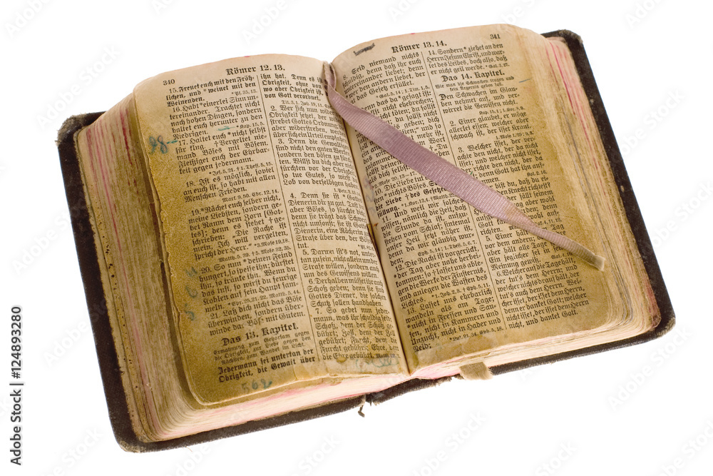 Old gothic antique vintage open bible with bookmark isolated on white ...