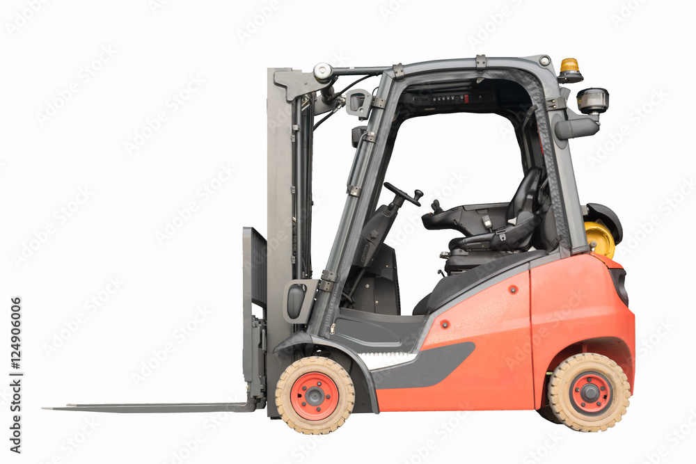 side photo of industrial forklift for cargo transport isolated on white ...