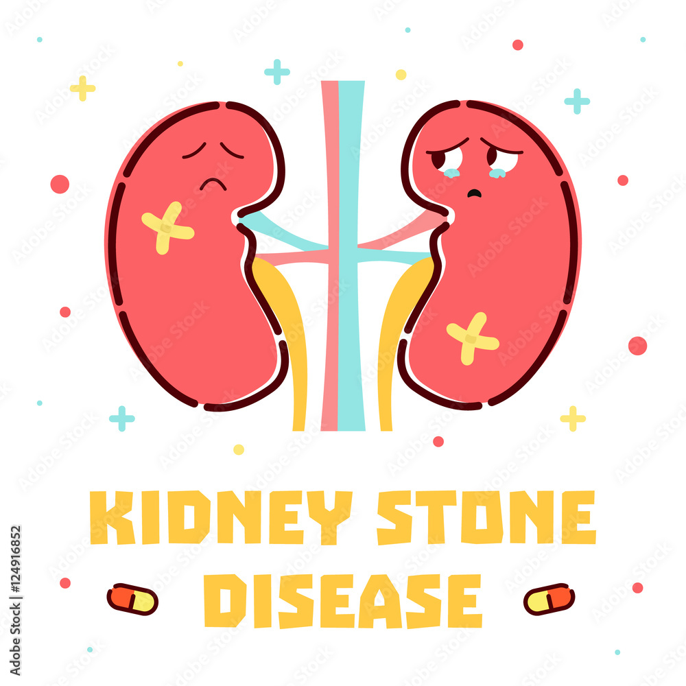 Kidney stone disease awareness poster with sad cartoon kidneys ...