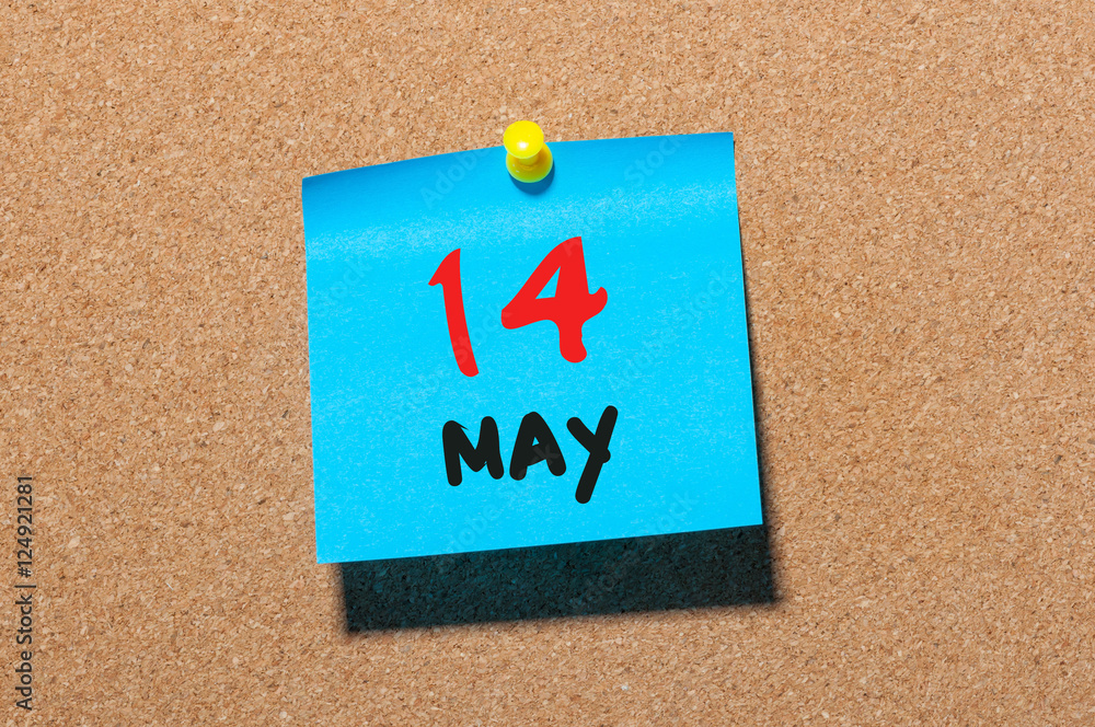 May 14th. Day 14 of month, calendar on cork notice board, business ...