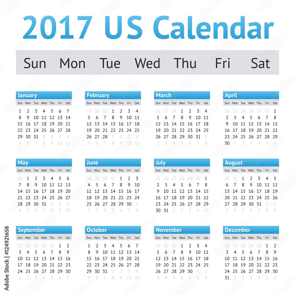 2017 US American English Calendar. Week starts on Sunday Stock ...