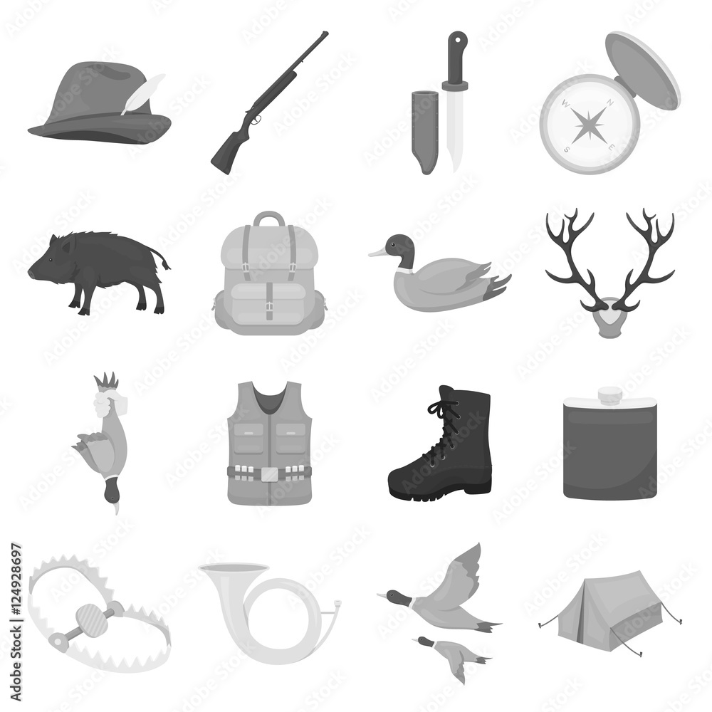 Hunting set icons in monochrome style. Big collection of hunting vector ...