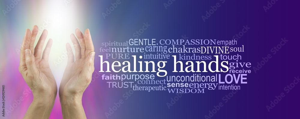 Healing Hands Word Cloud - female hands reaching up with bright white ...