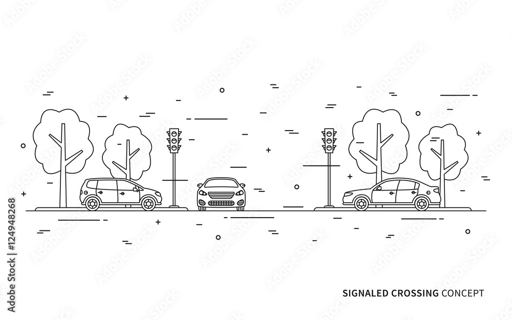Traffic lights at the crossroad vector illustration. Light signals with ...