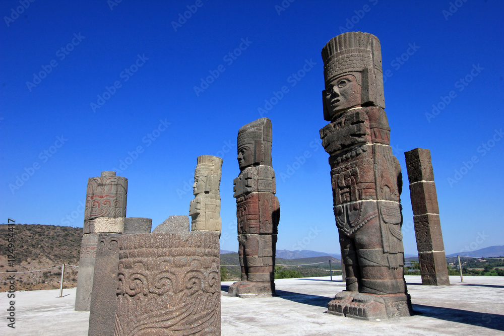 Toltec warriors columns topping the pyramid of Quetzalcoatl in Tula ...