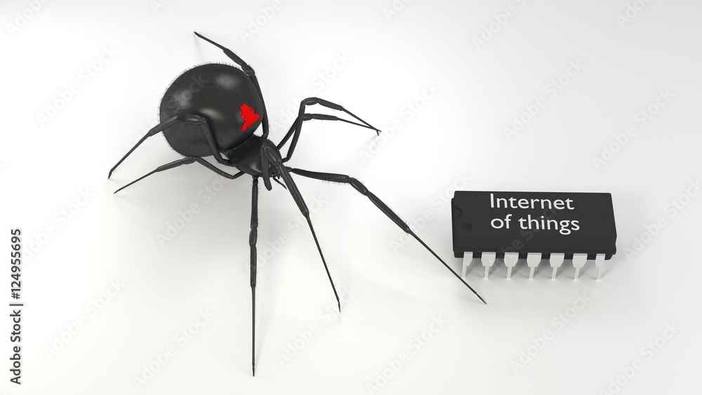 Black hairy spider with a hacker symbol approaching a microchip with ...