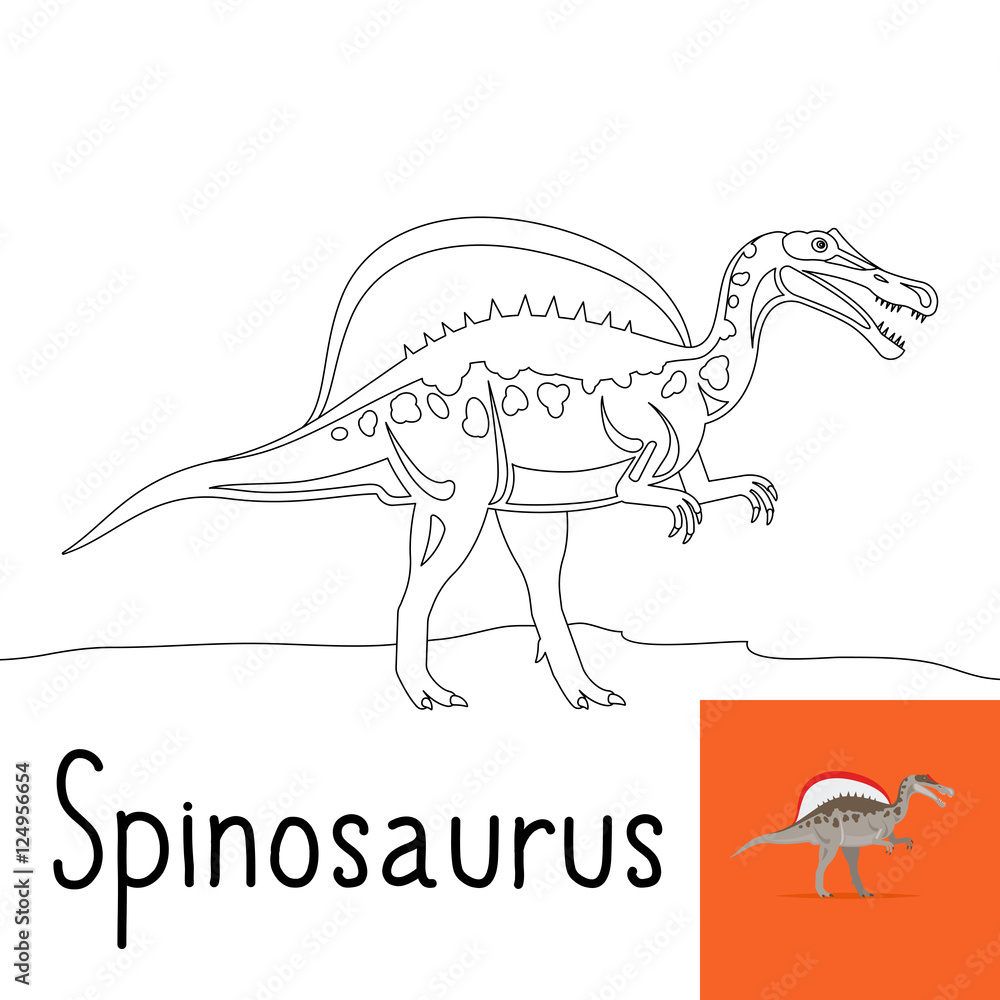 Coloring page for kids with Spinosaurus dinosaur and colored preview ...