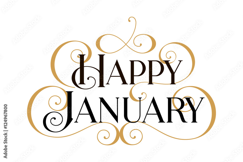 Happy January. Handwritten modern brush black text, gold swirl, white ...