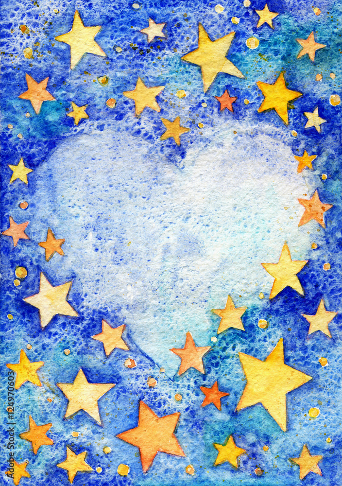 Watercolor vertical texture with yellow stars on blue background with ...