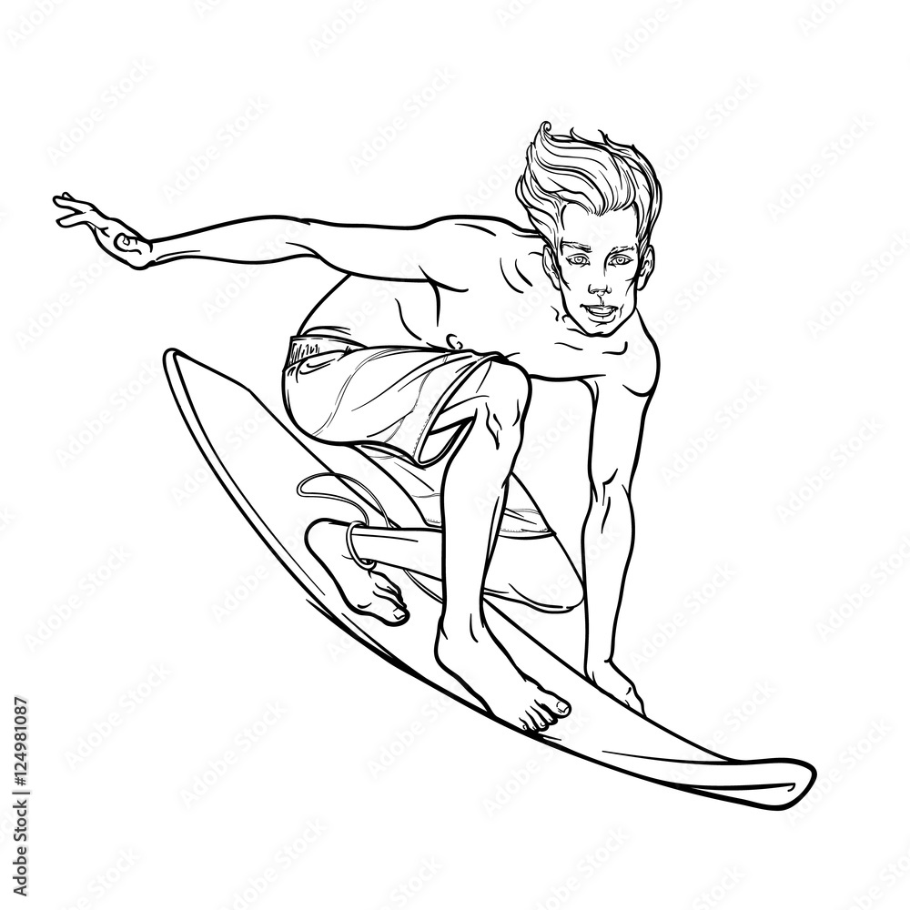 Summer water sport activities. Blond smiling surfer in drysuit riding a ...