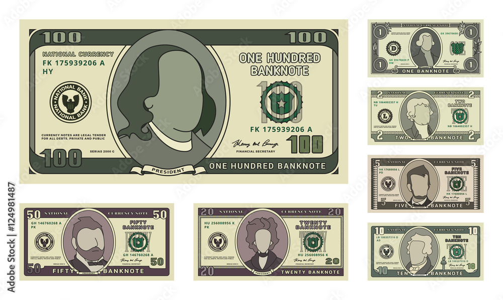 Money bill icons. Detailed currency banknotes. Cartoon American dollars ...