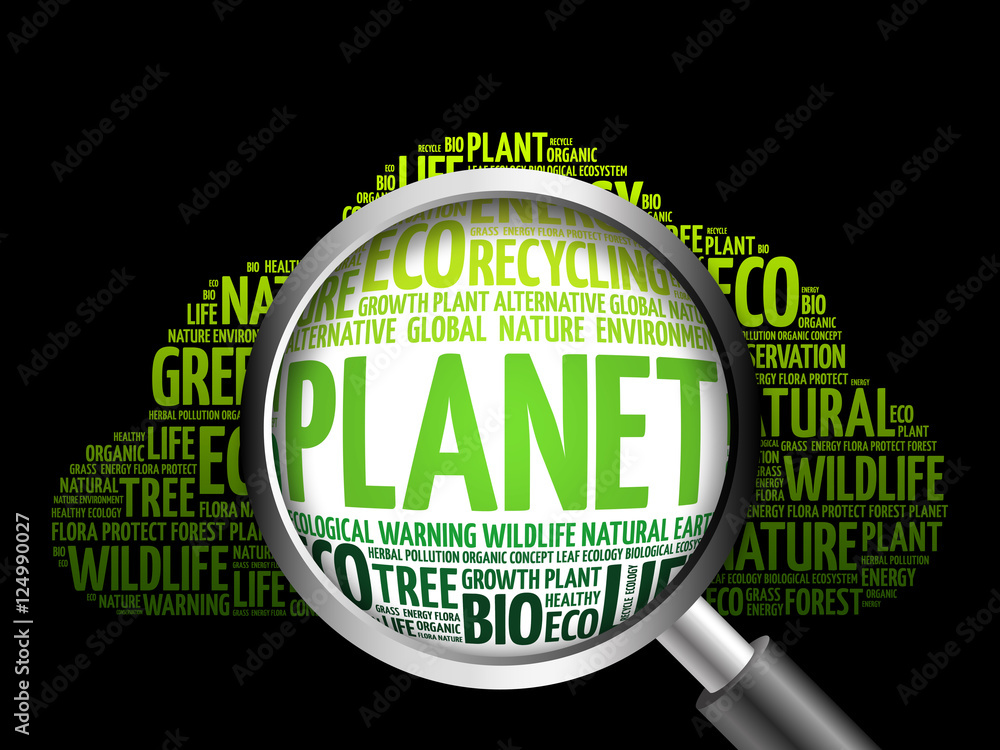 Planet word cloud with magnifying glass, ecology concept Stock ...