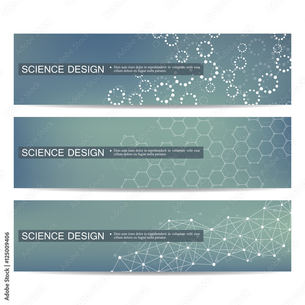 Set of modern scientific banners. Molecule structure DNA and neurons ...